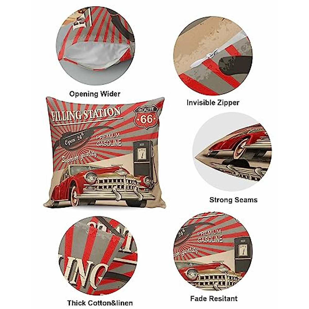 Set of 2 Throw Pillow Covers Square Pillow Case Retro Filling Station Car Posters Cotton Linen Cushion Case Pillowcase for Sofa Couch Bed, Living Room Bedroom Decorative, 18 x 18 Inches