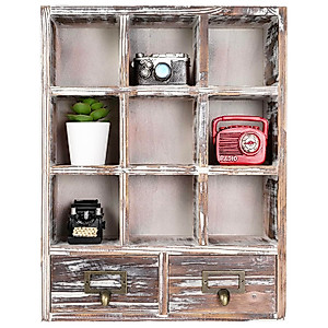 MyGift Wood Shadow Box Shelf, Rustic Brown Wooden Table Top Display Organizer with 2 Pull Out Drawers for Home, Office Decor