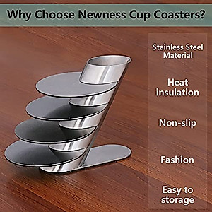 Cup Coasters, Newness Cup Coasters Set with Decorative Rack, Stainless Steel Tabletop Display Round Cup Coaster with Holder, Silver, Set of 4