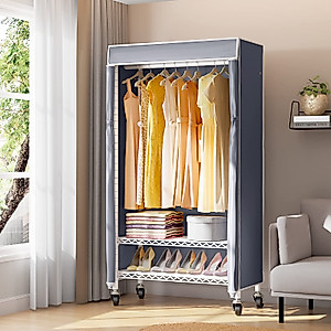 VIPEK R1C Portable Closet with Cover - Heavy Duty Freestanding Clothes Rack with Wheels & Hanging Rod, White with Gray Cover