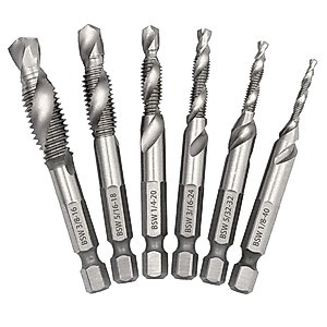 Saiper 6pcs Drill Tap Combination Bit Set (1/8''-3/8'') with 1/4" Hex Shank, HSS 4341 Drill Tap Countersink Screw Thread Bits