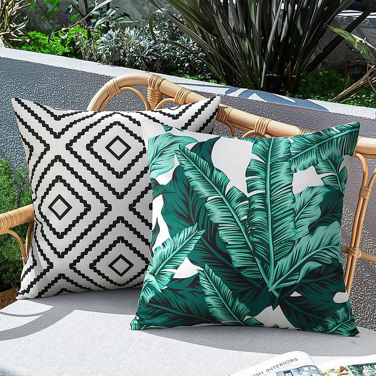 Merrycolor Outdoor Throw Pillow Covers 18x18 Waterproof Pillow Cover Green Leaves Geometric Pattern Square Cushion Covers Patio Pillow Cases Outdoor Pillows for Patio Furniture, Pack of 4