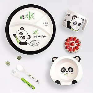 Bamboo Toddler Dinnerware Set,5Pcs Baby Plates and Bowls,Kids Dinnerware Set,Bamboo Kids Plates and Bowls Set,Christmas Kids Dishes Dinnerware Sets with Plate,Bowl,Cup,Fork and Spoon (Panda)