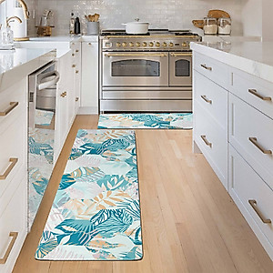 Kitchen Rugs 2 Piece Anti Fatigue Kitchen Floor Mats PVC Non Slip Waterproof Easy to Clean Kitchen Mats Set Floral Leaves Comfort Standing Kitchen Carpet (17.5"×30"+17.5"×59")