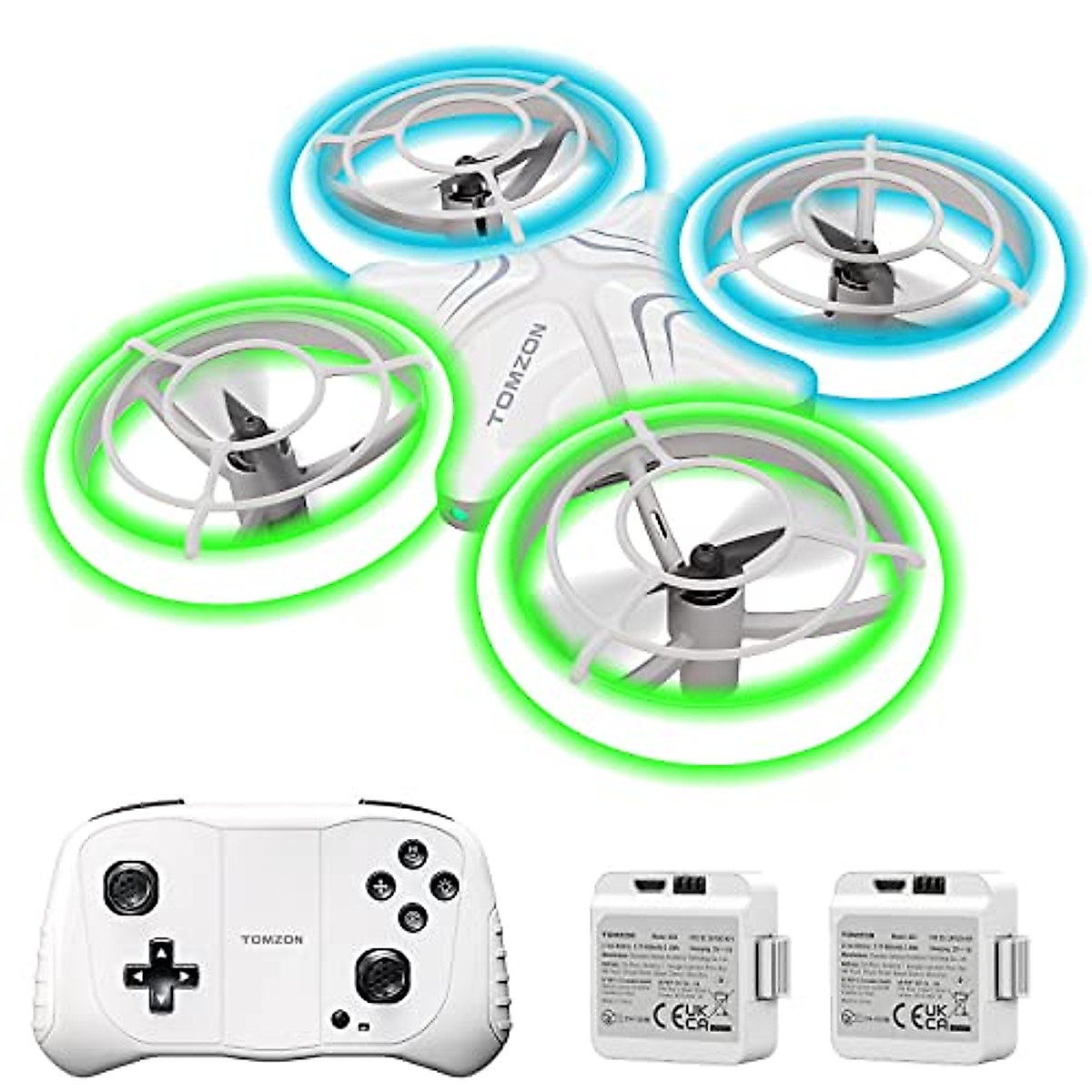 TOMZON A34 Drone for Kids with Green and Blue LED Lights, RC Mini Drone with Altitude Hold, 3D Flip, Headless Mode and 3 Speeds, Quadcopter with 5 Light Modes, 2 Batteries, Toy Gift for Boys and Girls