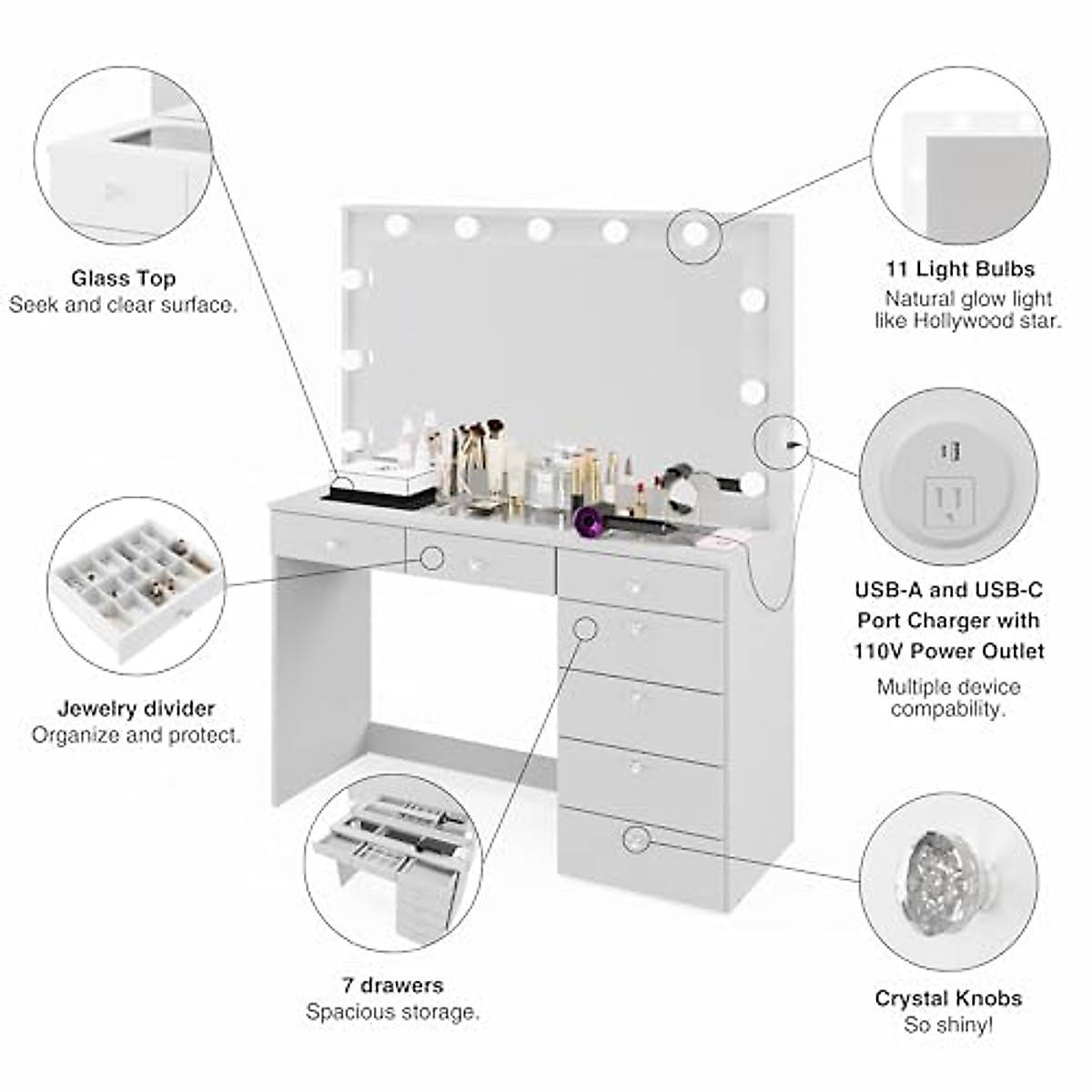 Boahaus Serena Modern Makeup Vanity with Hollywood Light Bulbs Add-On, 7 Drawers, Wide Mirror, Glam Glass Top for Bedroom