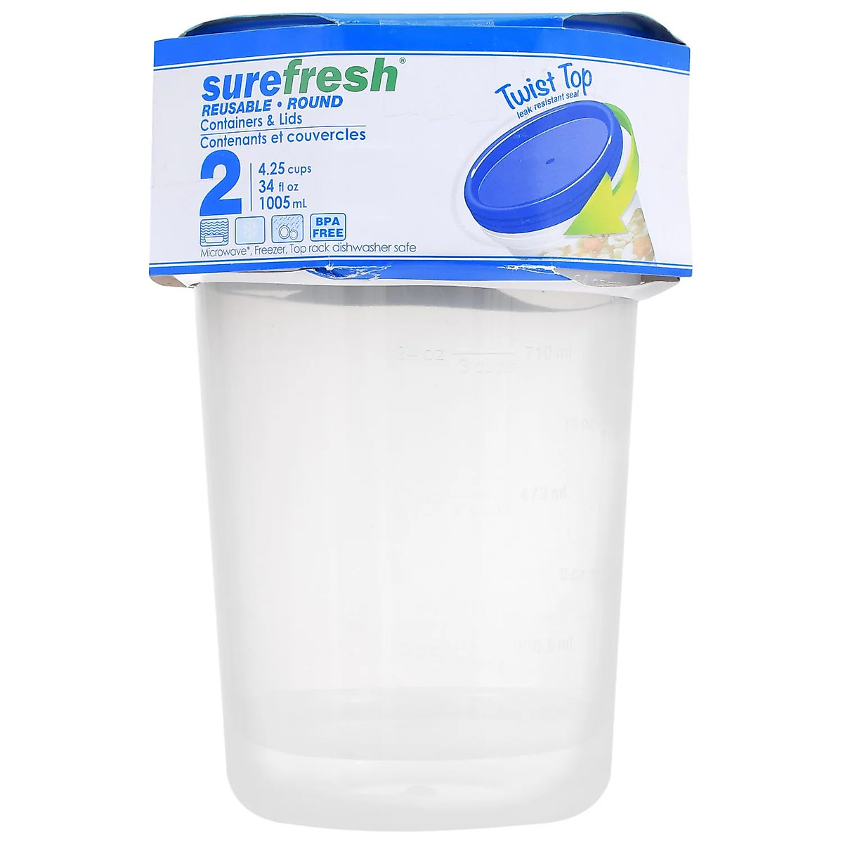Sure Fresh 34-oz. Reusable Tall Plastic Containers with Lids, 2-ct. Packs, clear, SFRT34-2PK-BLUE