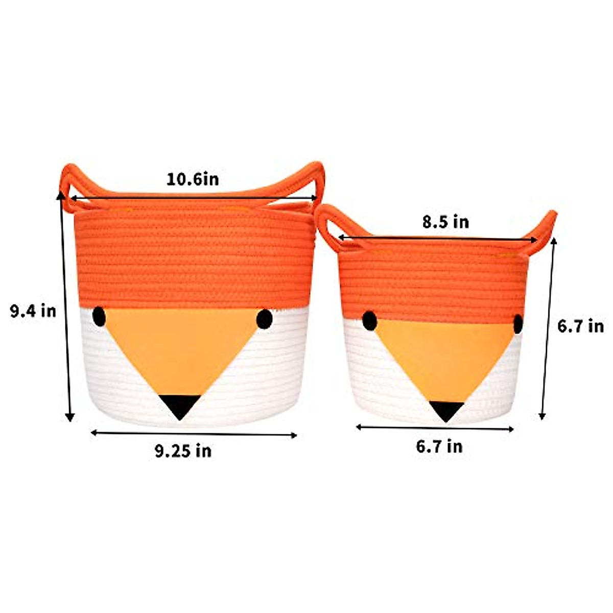 Annecy Cotton Rope Storage Basket Set of 2, Fox Woven Storage Basket, Toy Basket Organizer for Cats, Dogs, Cute Animal Laundry Basket for Nursery, Orange Baby Gift Basket