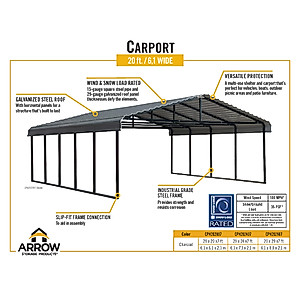 Arrow Carports Galvanized Steel Carport, Double Car Metal Carport Kit, 20' x 20' x 7', Charcoal