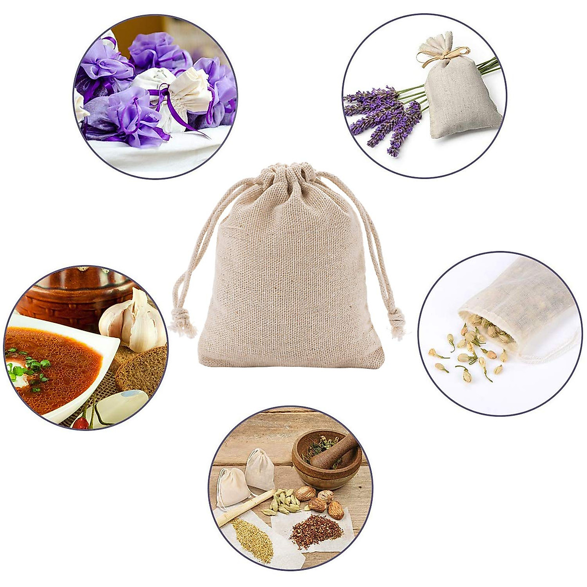 handrong 50pcs Small Cotton Double Drawstring Bags Reusable Muslin Cloth Gift Candy Favor Bag Jewelry Pouches for Wedding DIY Craft Soaps Herbs Tea Spice Bean Sachets Christmas, 3x4 inch