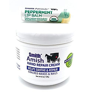 Smith Amish Hand Repair Cream 4.5 oz jar Plus Organic Peppermint Lip Balm.