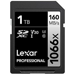 Lexar 1TB Professional 1066x SDXC Memory Card, UHS-I, C10, U3, V30, Full-HD & 4K Video, Up to 160MB/s Read, for DSLR and Mirrorless Cameras (LSD1066001T-BNNNU)