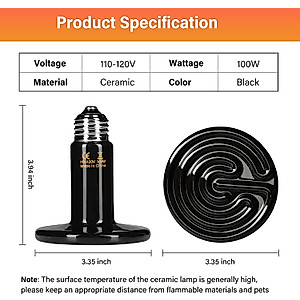 HealSmart Reptile Heat Lamp 100W Ceramic Heat Emitter, No Light Emitting Heat Bulbs for Amphibian Pet Brooder Coop Incubating Chicken, Lizard Bearded Dragon Turtle Snake Terrarium Black