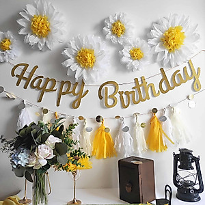 12Pcs Daisy Tissue Paper Pom Poms Flower 12" 8" for White Yellow Flowers Themed Birthday Party Sunshine Wall Hanging Baby Shower Bridal Country Wedding Party iwlorys