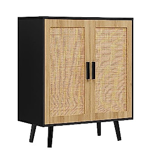 Iwell Boho Sideboard Buffet Cabinet, Kitchen Storage Cabinet with Natural Rattan Door & 2 Adjustable Shelves, Rattan Cabinet, Accent Cabinet for Living Room, Kitchen, Entryway, Black