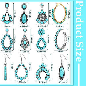 Trnayi 12 Pairs Turquoise Earring Set Turquoise Bohemian Dangle Stud Earrings Turquoise Round Metal Earrings Boho Vintage Oval Earring Metal Earring for Women(Fresh Style)