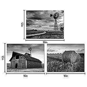 SiMiWOW Farmhouse Landscape Picture Wall Decor Countryside Windmill Barn Picture Wall Art Canvas Prints Framed 12"x16"x3 Pieces, Black and White