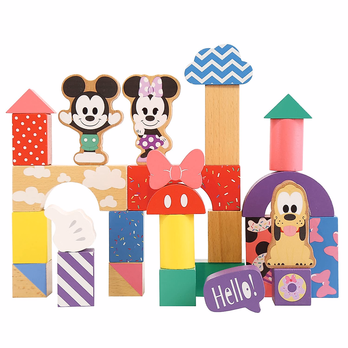Just Play Disney Wooden Toys Mickey Mouse & Friends Block Set, 28-Piece Set Includes Mickey Mouse, Minnie Mouse, and Pluto, Kids Toys for Ages 18 Month