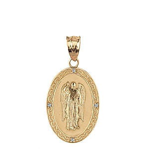 10k Yellow Gold Saint Gabriel The Archangel Diamond Oval Medal Pendant (1")