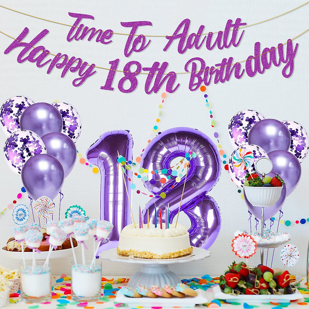 Purple18th Birthday Decorations for Girls Purple 18th Birthday Banner 40 Inch NO. 18 Purple Foil Balloons Purple Confetti Balloons 18th Purple Party Set (Purple-18)