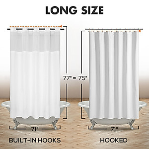 Long No Hook Slub Textured Shower Curtain with Snap-in PEVA Liner Set - 71" x 77"(75"), Hotel Style with See Through Top Window, Fabric Curtain & Waterproof Liner, White, 71x77