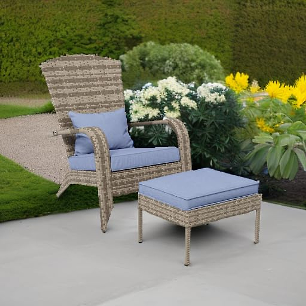 Outsunny Patio Wicker Adirondack Chair with Ottoman, Outdoor Fire Pit Chair with Cushions, High-Back, Large Seat & Armrests for Deck, Garden & Backyard, Gray