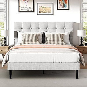 UNIZONE Queen Size Bed Frame with Button Tufted Upholstered Headboard, Linen Platform Bed with Wood Slats Support, Mattress Foundation, No Box Spring Needed, Easy Assembly, Light Grey