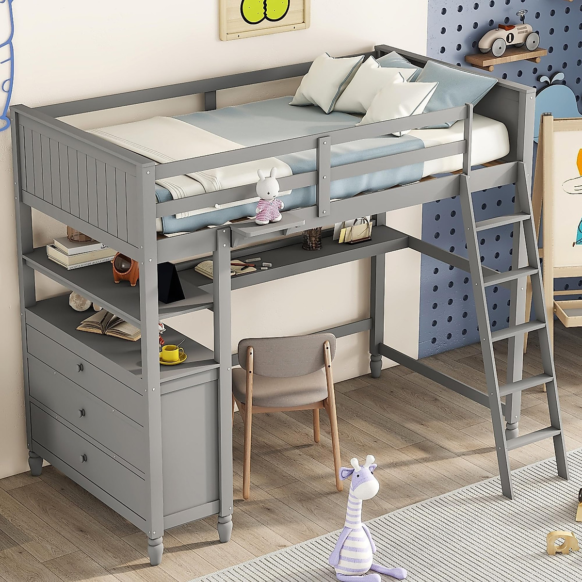 MERITLINE Twin Size Loft Bed with Desk and Dresser, Wooden Loft Bed with Storage Drawers and Shelves for Kids Teens Boys Girls,No Box Spring Needed,Grey