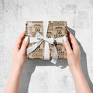 RUSPEPA Scented Kraft Wrapping Paper Roll - Mini Roll - Black 50 Years Design with Fragrance Great for Birthday, Party, Holiday - 17 inches x 16.4 feet - 50th Birthday