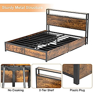 Squireewo Full Bed Frame with Charging Station & Led Lights, Platform Metal Bed Frame with 4 Storage Drawers and Headboard, No Box Spring Needed, Easy Assembly, Noise-Free,Rustic Brown