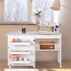 Usinso Folding Sewing Table Multifunctional Sewing Machine Cart Table Sewing Craft Cabinet with Storage Shelves Portable Rolling Sewing Desk Computer Desk with Lockable Casters(White)