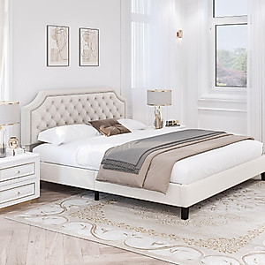 DWVO King Size Bed Frame with Adjustable Headboard, Beige Linen Upholstered Platform Bed Frame with Nail Headboard, 12'' Under-Bed Storage Low Profile Bed Frame No Box Spring Needed Hold up to 1200lbs