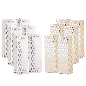 UNIQOOO 12Pcs Premium Quality Gold & Silver Metallic Foil Polka Dots Wine Gift Bag Bulk, w/Gift Massage Tag,100% Recyclable Paper,14"x4.75"x3.5" Wine Carrier Bags Tote Gift Bags, Party Gift Wrapping