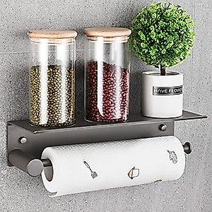 Paper Towel Holder for Kitchen - TDYU Wall Mount Paper Towel Holder with Shelf Under Cabinet, Rustproof Aluminum, Lightweight but Durable, Both Available in Adhesive & Screws (Gray)