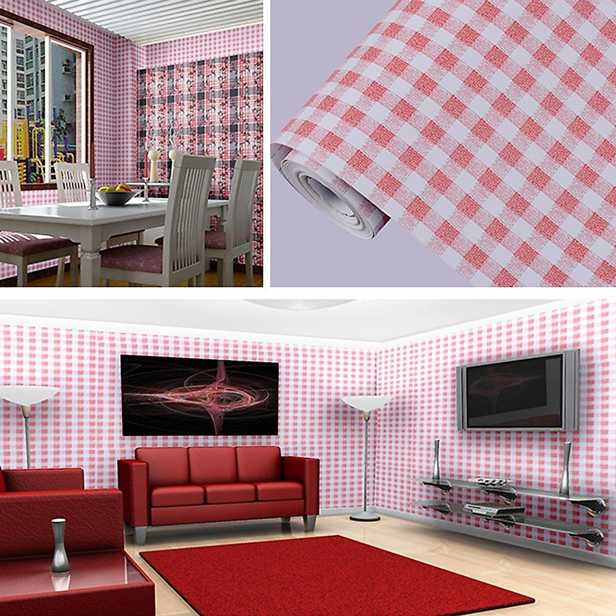 GLOW4U Ruby Red Gingham Adhesive Decorative Contact Paper Laminate Shelf and Drawer Liner 17.7x78 Inch