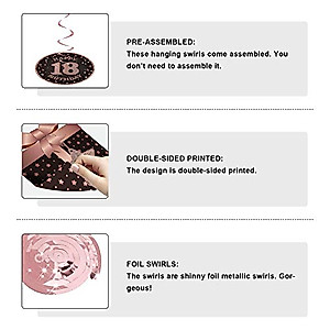 Happy 18th Birthday Party Hanging Swirls Streams Ceiling Decorations, Celebration 18 Foil Hanging Swirls with Cutouts for 18 Years Old Pink and Gold Birthday Party Decorations Supplies