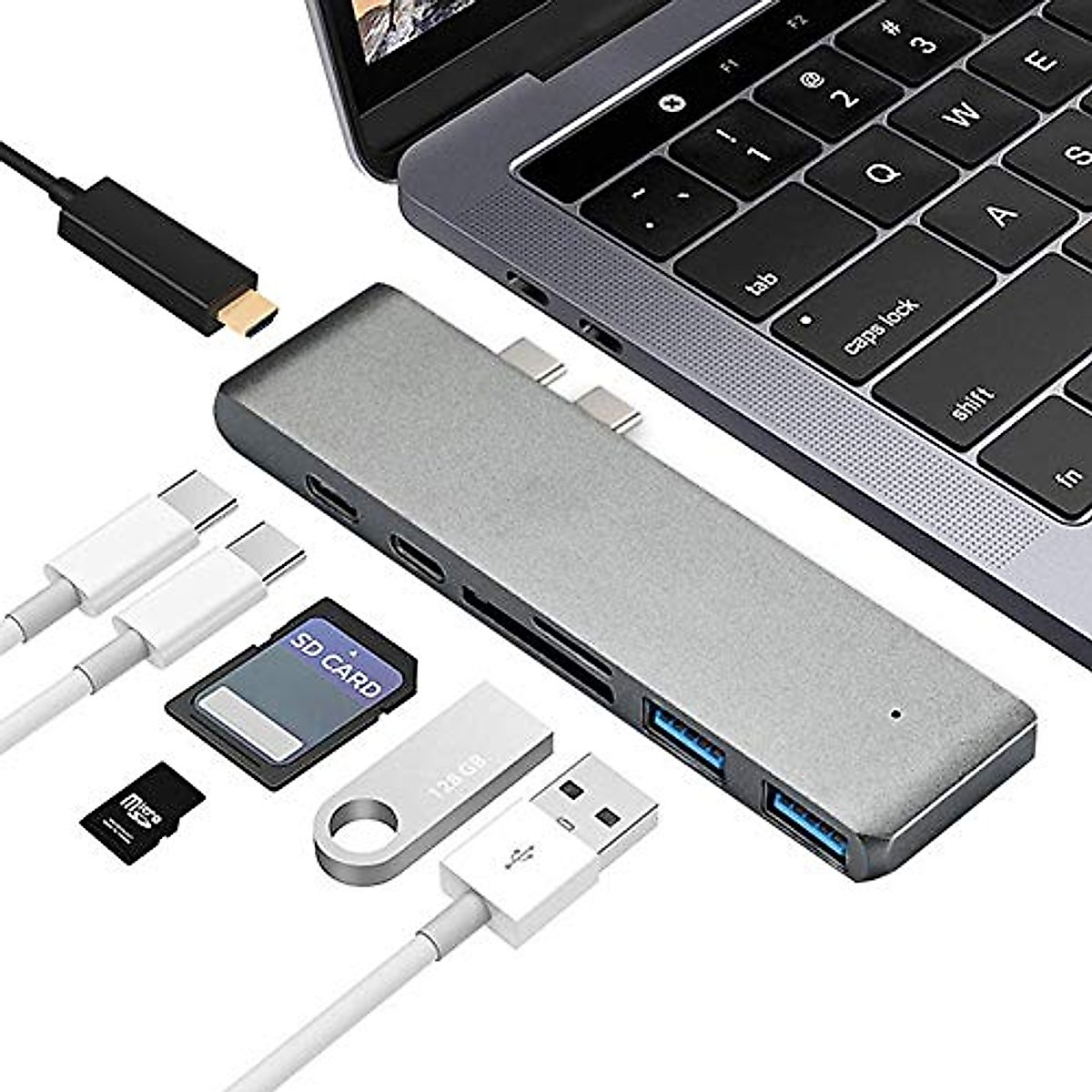 XUNMAIFHB Portable Docking Station,Double Head Type-c HUB to hdmi 4k hub + Card Reader + Type-c Docking Station Lightning 3 Interface Fast Transmission, Silver