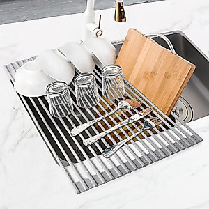 MERRYBOX Roll Up Dish Drying Rack, Over The Sink Dish Rack Foldable, Heat-Resistant, Anti-Slip Silicone Coated Steel Dish Drainer for Kitchen Counter, Multipurpose Roll Up Sink Drying Rack, 17" x 13"