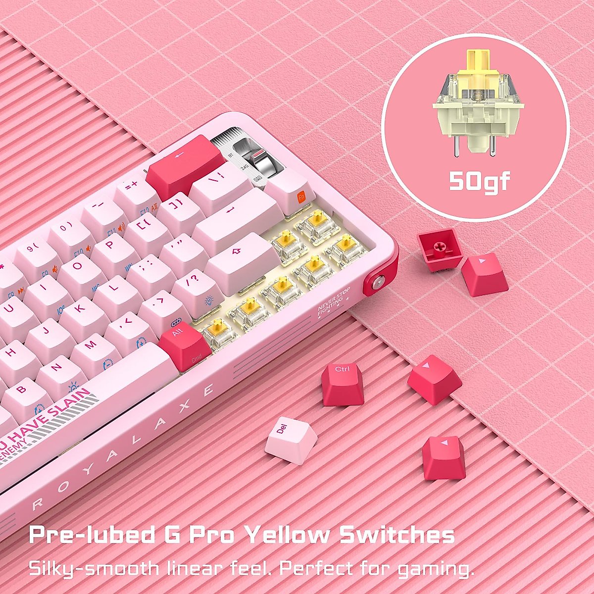 ROYALAXE Y68 TKL Wireless Mechanical Keyboard, Hot Swappable Wired/Bluetooth 5.0/2.4G Wireless Keyboard with RGB Light for Windows & Mac, PBT Keycap, Gateron G Yellow Pro Switch, Candy Pink