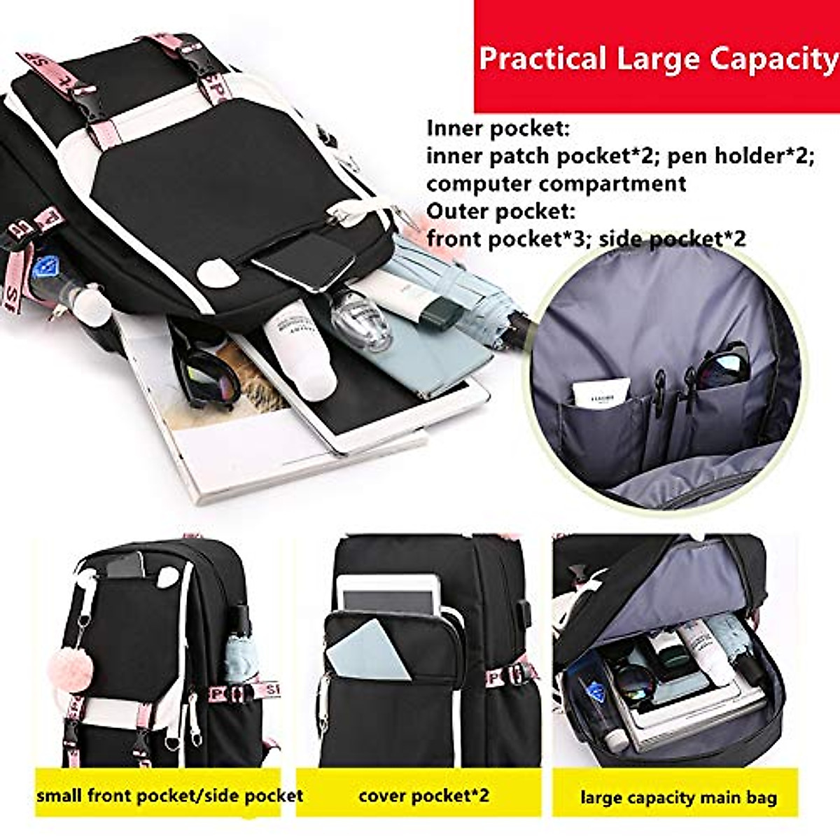 HANXIUCAO Girl Backpack 20-35L Large Capacity Oxford Cloth School Bag Outdoor Rucksackwith USB Charging and Headphone Port for Students (black and pink)