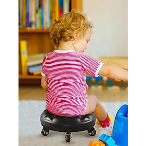 Lanstics Low Roller Seat Wheel Stool Chair PU Leather Rolling Stool Seats on Wheels for Home Office Fitness Round Roller Seat Stool (Black)