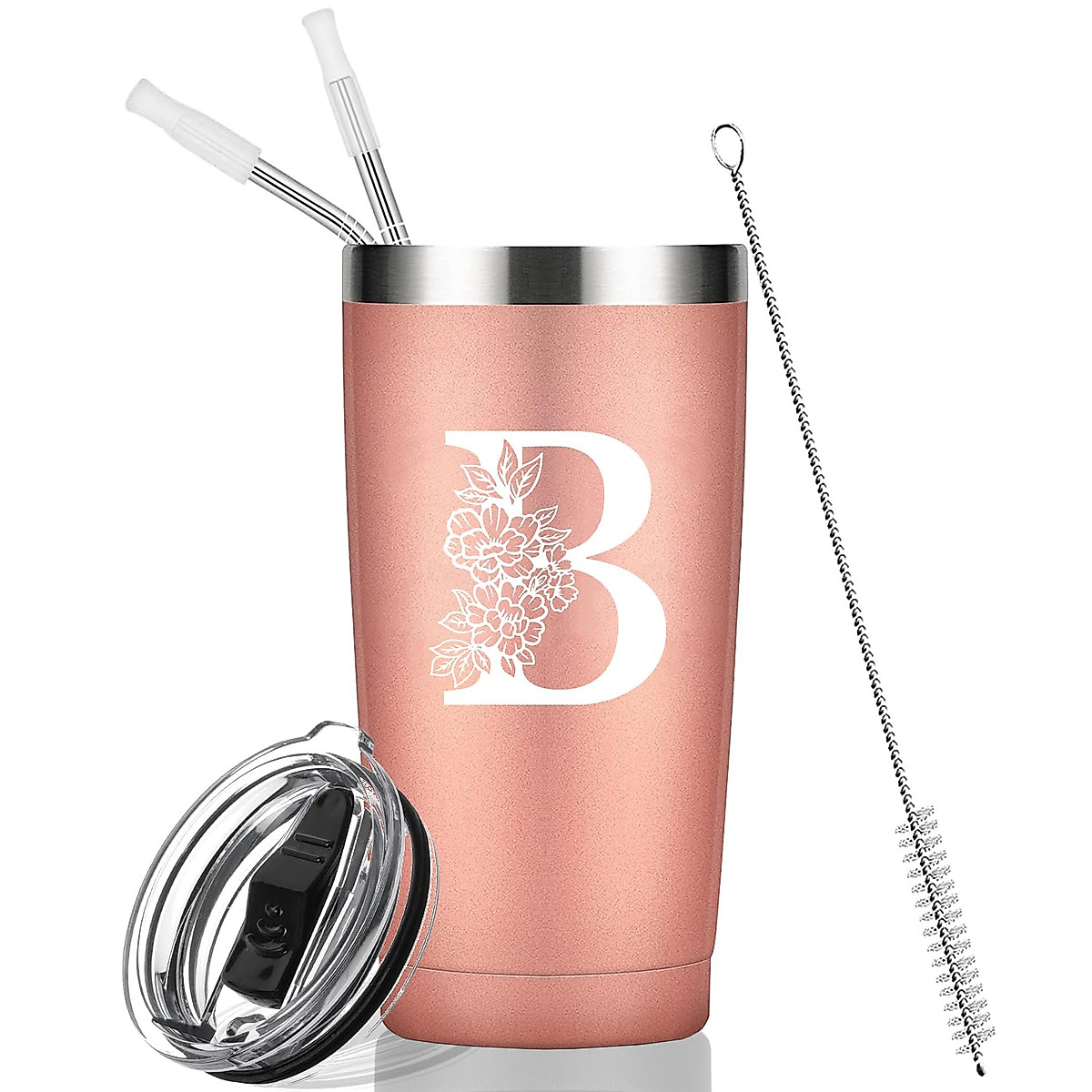 Leraverppy Personalized 20oz with Initial Stainless Steel Coffee，Leak Proof Rose Gold Tumbler with Lid And Straw Double Wall Thermal Cups for Hot and Cold Drinks Monogrammed Gifts for Women（C20-B）