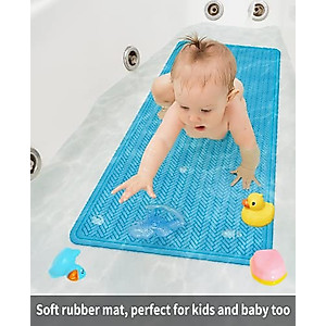 Bligli Non Slip Bathtub Mat, 16.9x36 inches Extra Large Bath Mats with Strong Suction Cups, Soft Rubber Shower Stall Mat for Bathroom, Durable and Machine Washable (Blue)