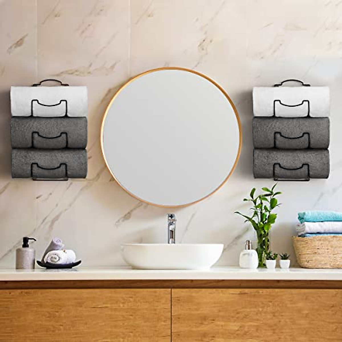 Venkuber Towel Rack Wall Mounted Set of 2 Metal Bath Towels Holder Washcloth Bathrobe Storage Organizer for Bathroom - Black