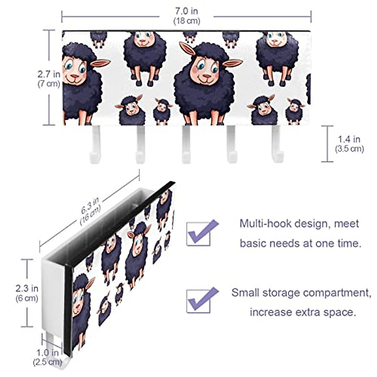 Cute Cartoon Sheep Pattern Rack Organizer with 5 Hooks Wall Bathroom Kitchen Shelf Rack Multifunctional Storage Shelf