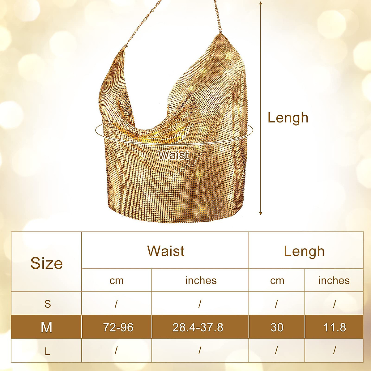 SATINIOR Shiny Tank Top for Women Crystal Body Neck Chain Sequin Tops with Nipple Pasties Double Sided Tape Party(Gold)