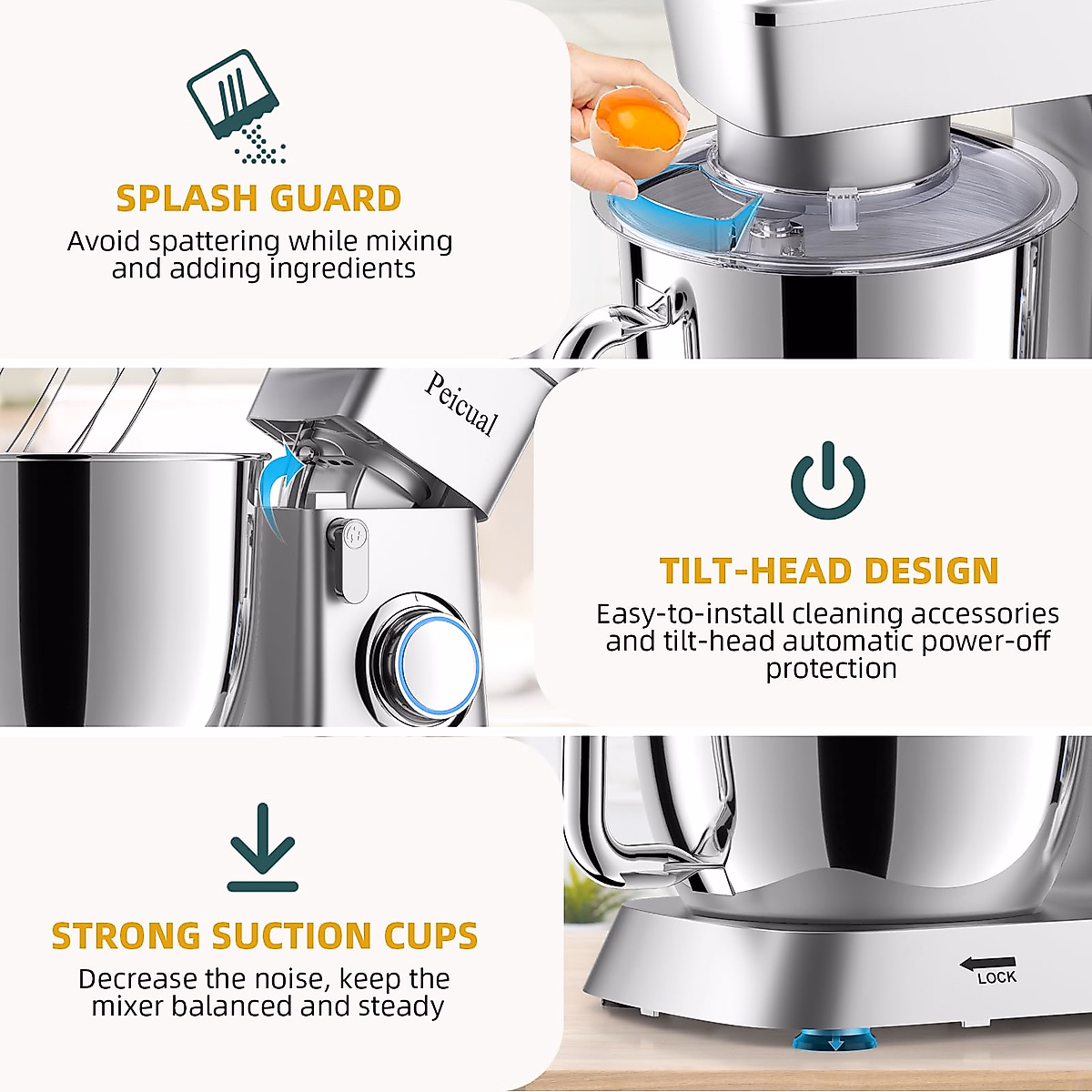 Peicual Stand Mixer, 5.5QT 10+P Speed Tilt-Head Kitchen Electric Mixer, Food Mixer with Stainless Steel Bowl, Dough Hook, Flat Beater, Wire Whisk, Splash Guard for Daily Use - Silver