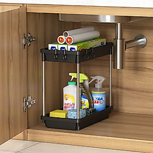 Lifewit Under Sink Organizer, 2 Tier Shelf Rack with 4 Hooks for Bathroom Cabinet Kitchen Countertop Office Holder Storage, Multi-purpose Baskets Holder for Space Saving, Easy Assembly, Black