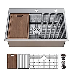 HOROW 33 inch Drop In Workstation Kitchen Sink, 18 Gauge Topmount Drop In Sink for Kitchen, sus 304 Stainless Steel Sink with 2 holes, Deep Single Bowl Kitchen Sink with Accessories, 33"x22"x10"