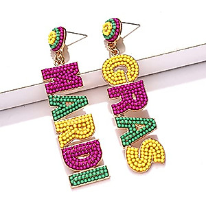 Beaded Mardi Gras Earrings for Women Handmade Bead Crown Fleur De Lis Drop Dangle Earrings Costume Party Parade Earrings Festive Holiday Gifts (Letter)